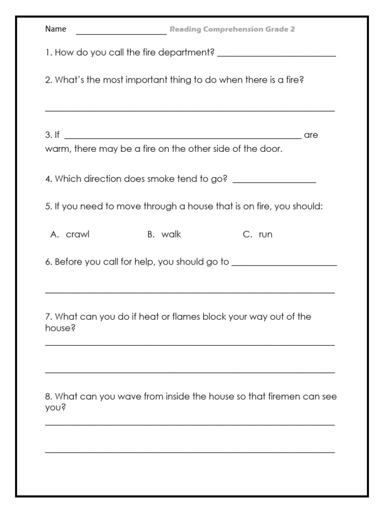 Grade 2 Fire Safety Comprehension Worksheet | PDF