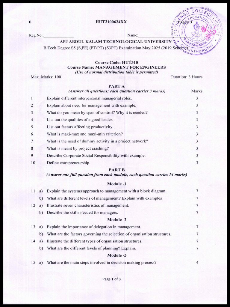 Hut310 Management for Engineers, May 2025 | PDF | Business | Business Economics