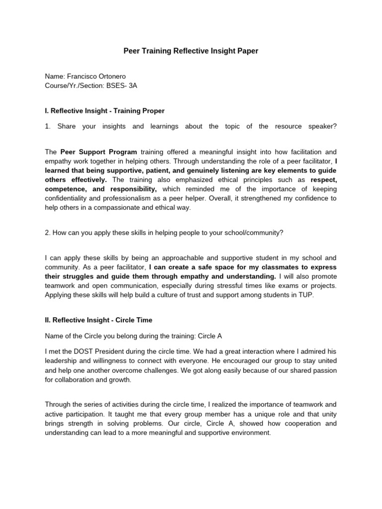 Peer Training Reflective Insight Paper Francisco Ortonero | PDF