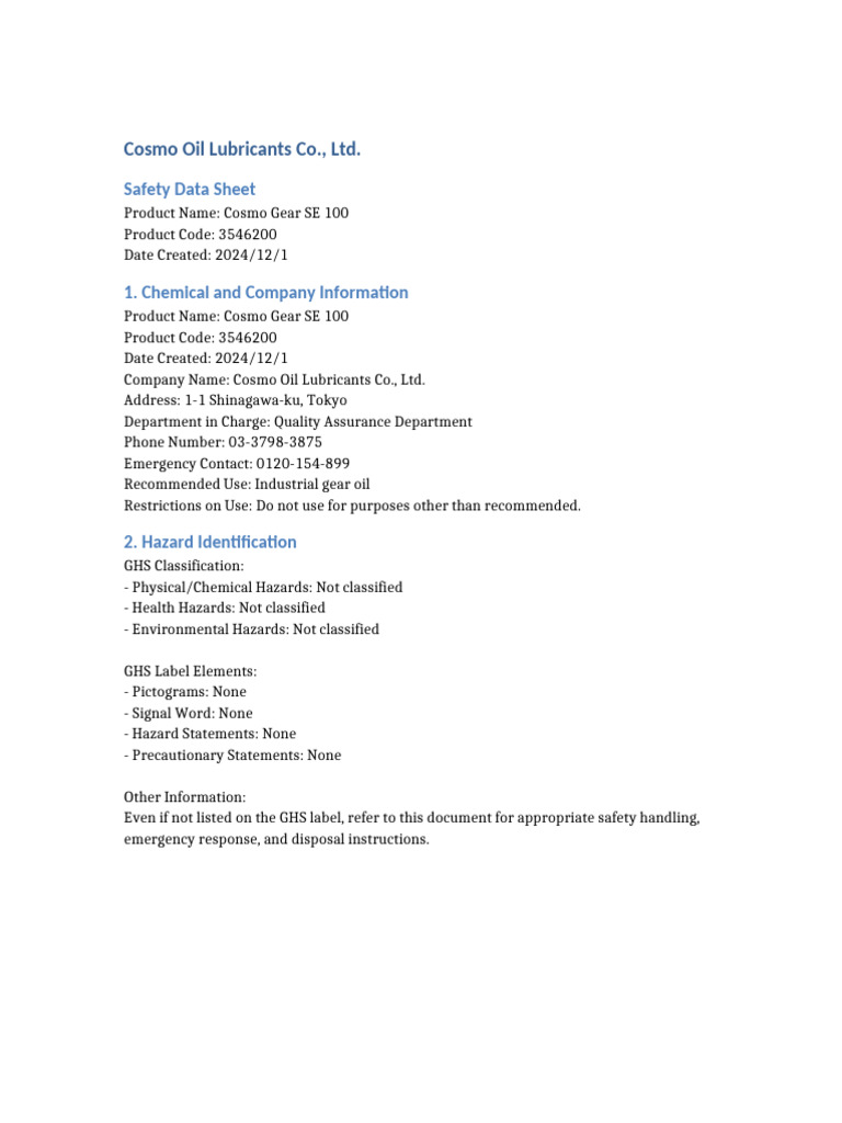 Cosmo Gear SE 100 Safety Data Sheet | PDF