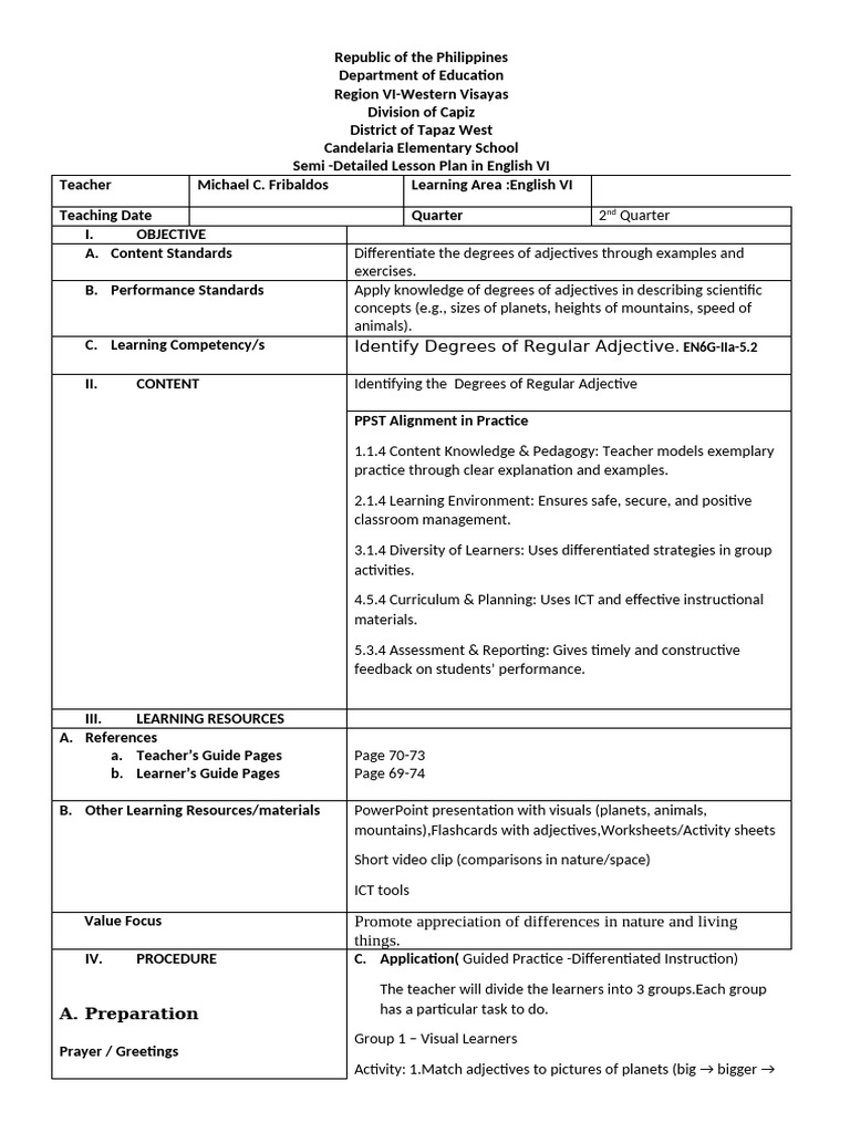 Lesson Plan: Degrees of Adjectives | PDF | Learning | Educational ...