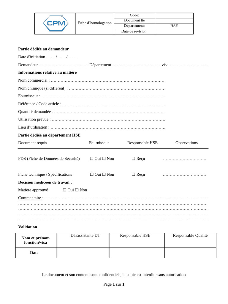 Fiche d'homologation HSE pour produits chimiques | PDF
