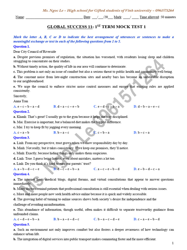 Global Success 11: 1st Term Mock Test | PDF | Cost Of Living | Fast Food