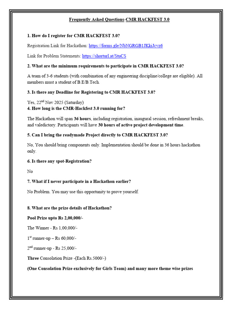 Frequently Asked Questions CMR HACKFEST 3.0 | PDF