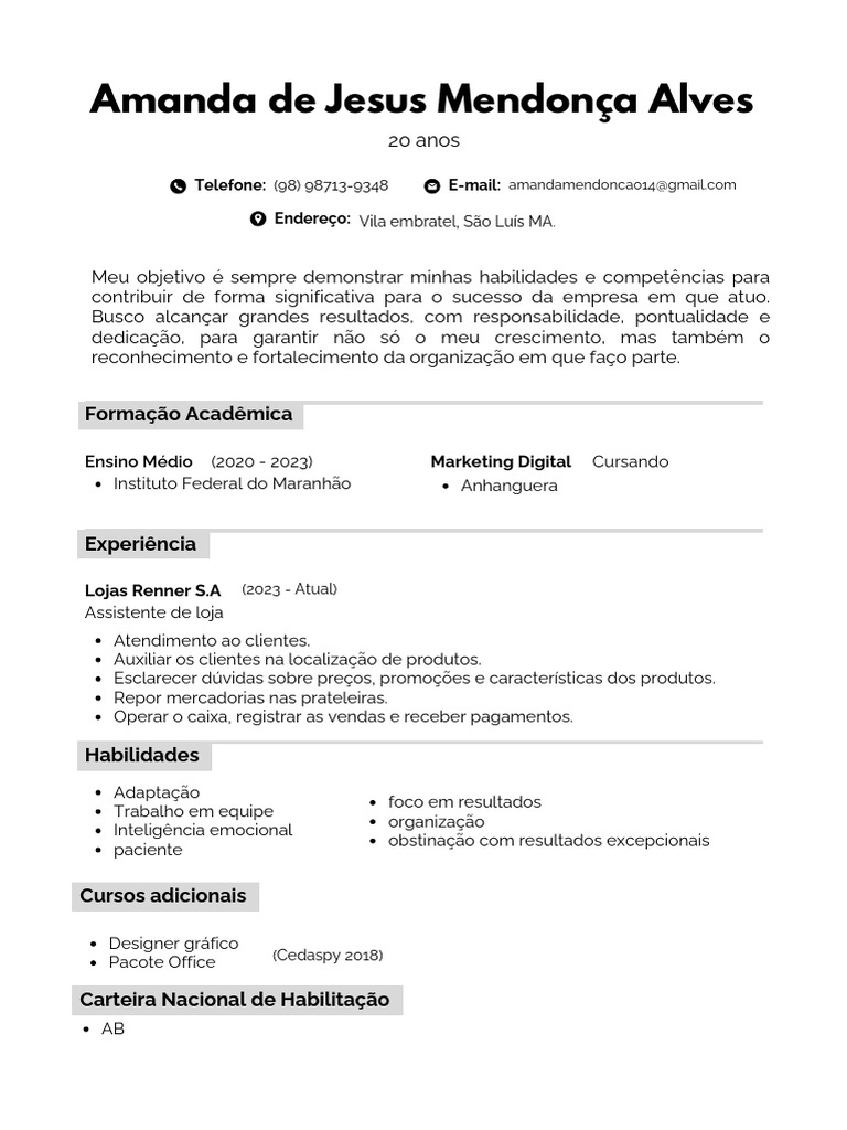 Currículo Amanda 2025-1 | PDF