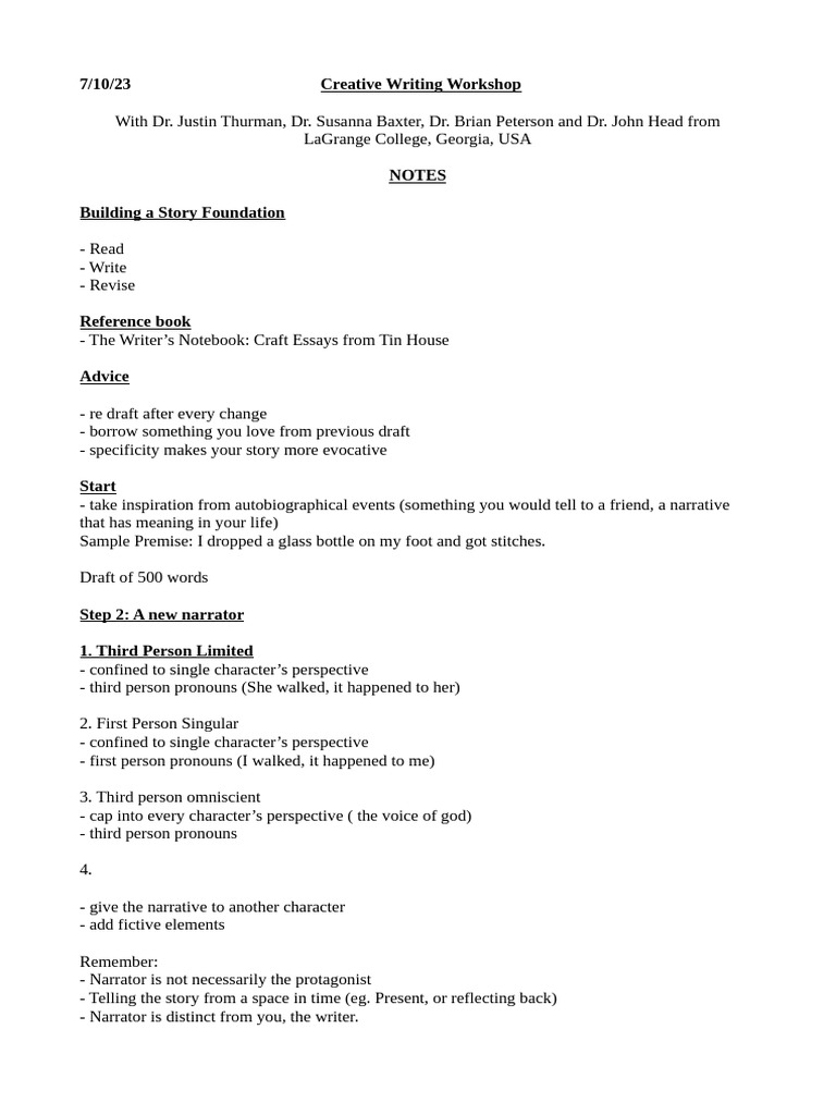 Creative Writing Workshop Notes | PDF | Narration