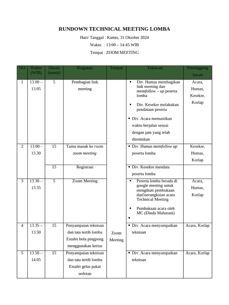 Rundown Technical Meeting Lomba | PDF
