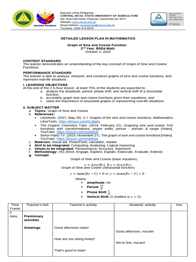 Detailed Lesson Plan: Sine & Cosine Graphs | PDF | Trigonometric ...