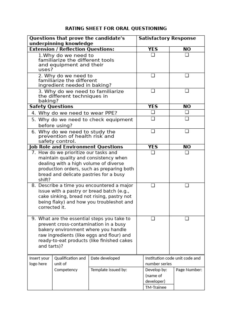Oral Questioning Rating Sheet for Baking | PDF | Breads | Foods