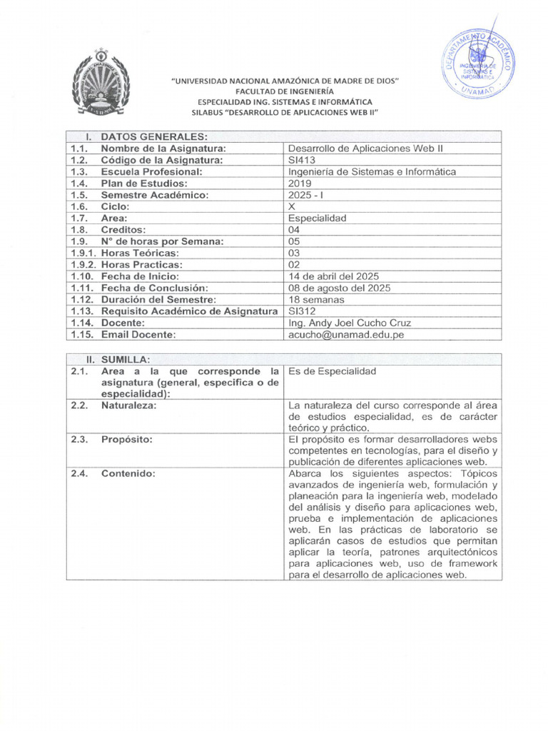 Silabo - Si413 - Electivo I - Desarrollo de Aplicaciones Web II | PDF
