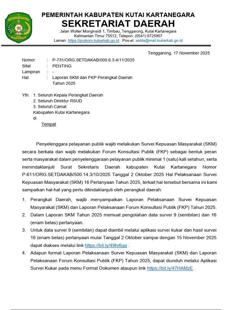 Surat Laporan FKP Dan SKM Tahun 2025 Dan Data Hasil SKM 16 Pertanyaan | PDF