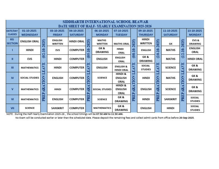 Half Yearly Time Table 2025-26 | PDF