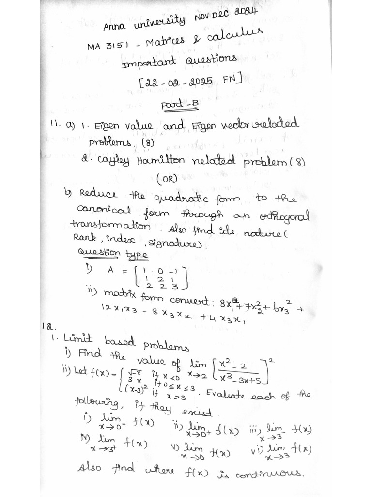 MA3151 Matrices and Calculus Important Questions | PDF