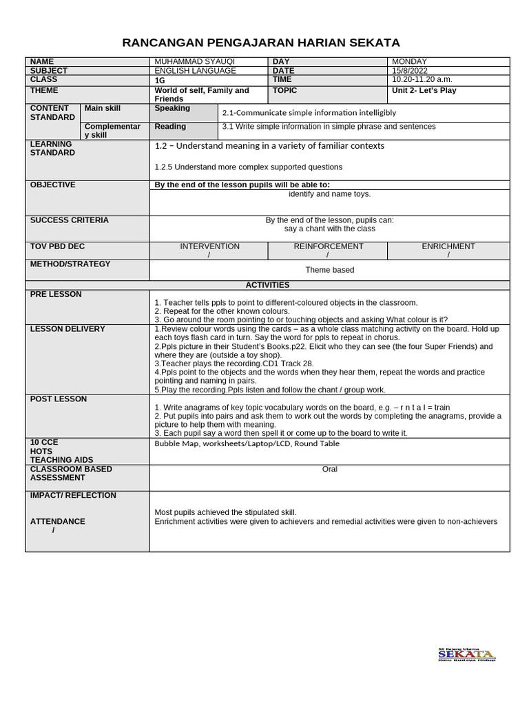 Year 1 Lesson Plan TS25 | PDF | Communication | Applied Linguistics