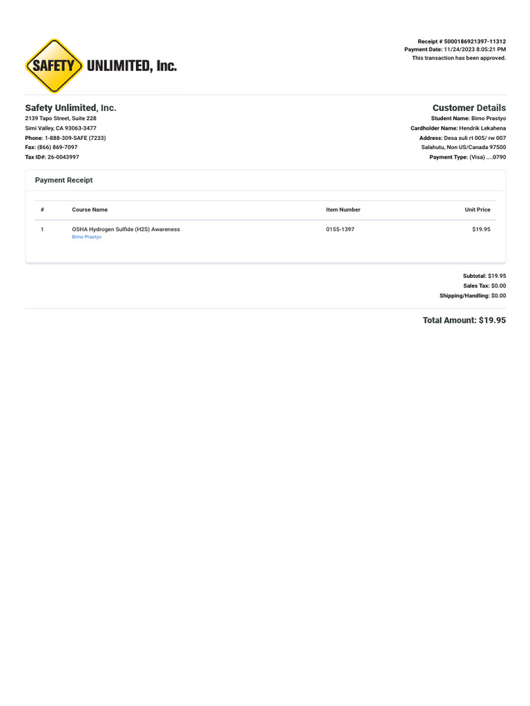 Payment Receipt - Safety Unlimited | PDF