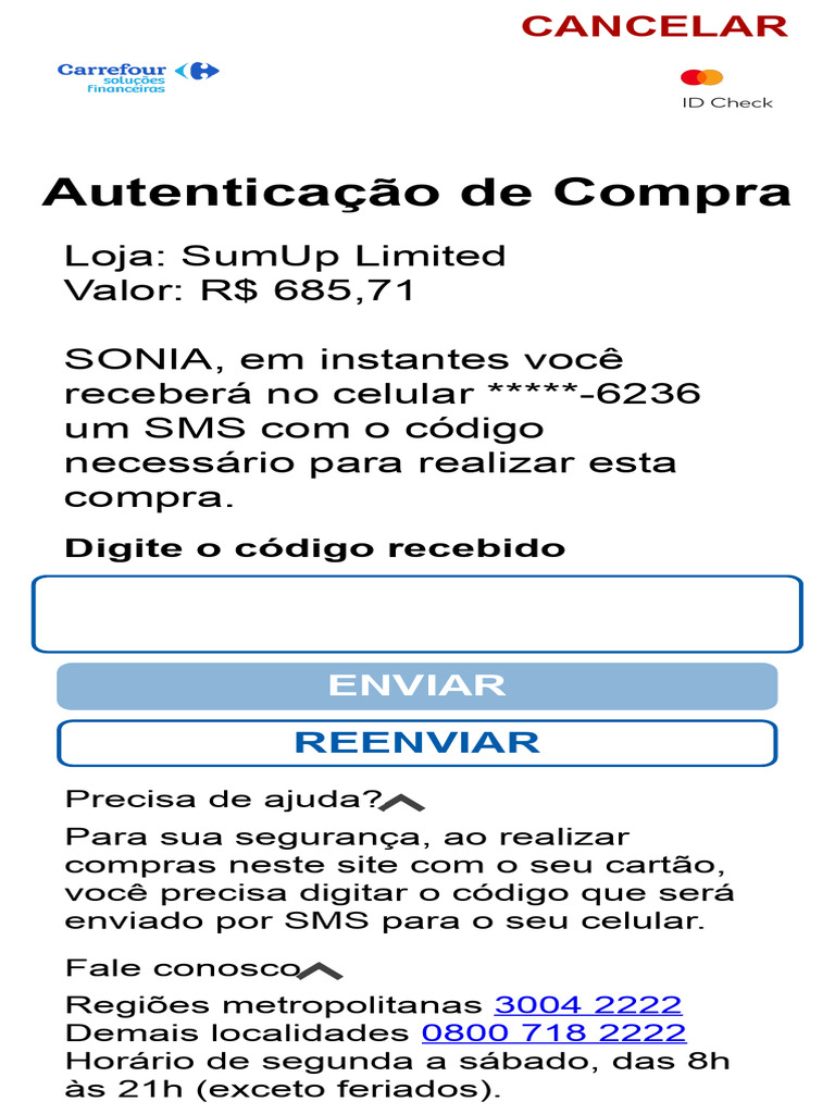 Autenticação de Compra SumUp SMS | PDF