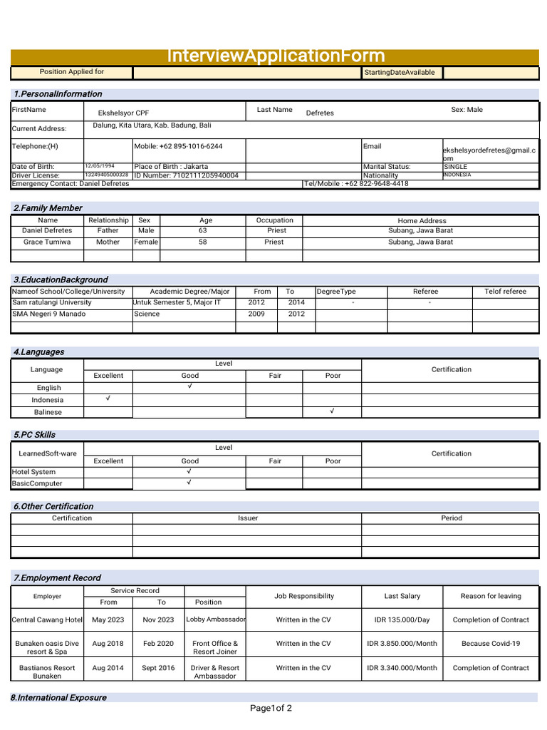 Interview Application Form for Ekshelsyor Defretes | PDF | Chess ...