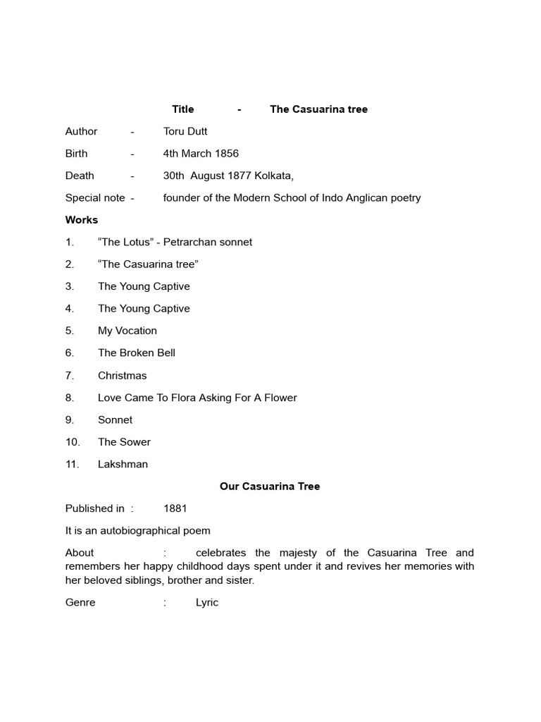 Toru Dutt's "Our Casuarina Tree" Analysis | PDF | Poems