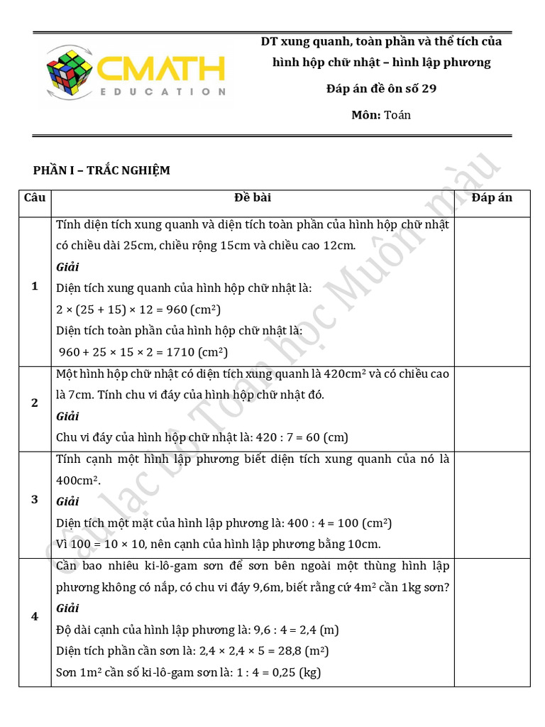 Tuần 29 Sxq Stp Và v Của Hình Hộp Chữ Nhật, Hình Lập Phương (Đáp Án) | PDF