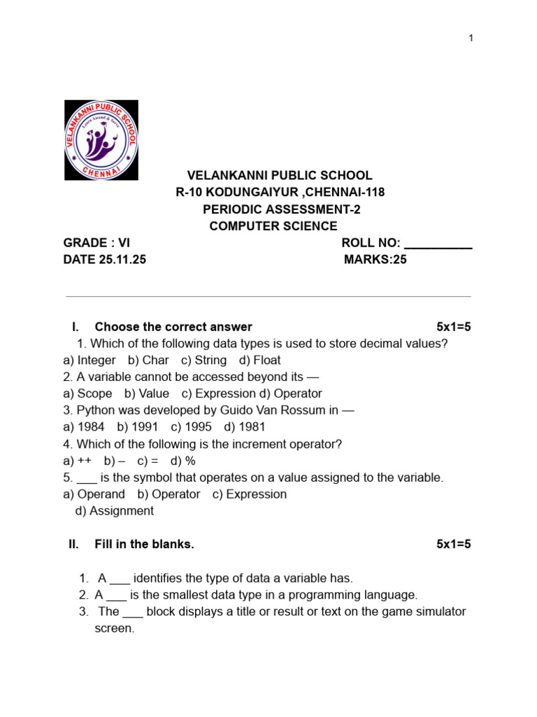 Grade VI Computer Science Assessment | PDF