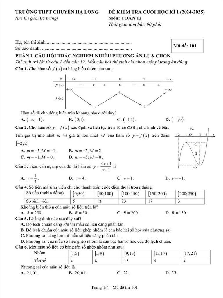 De Cuoi Ki 1 Toan 12 Nam 2024 2025 Truong THPT Chuyen Ha Long Quang Ninh | PDF