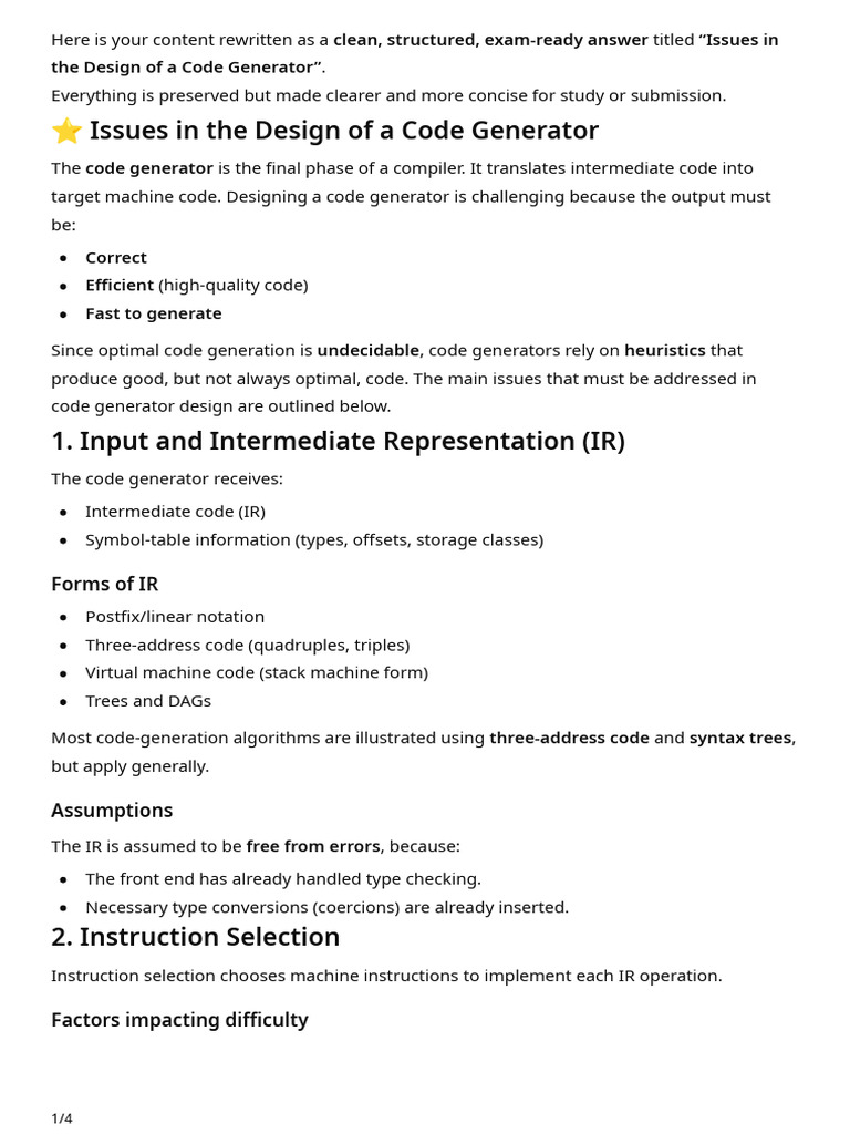 Issues in The Design of A Code Generator | PDF | Computing | Software ...