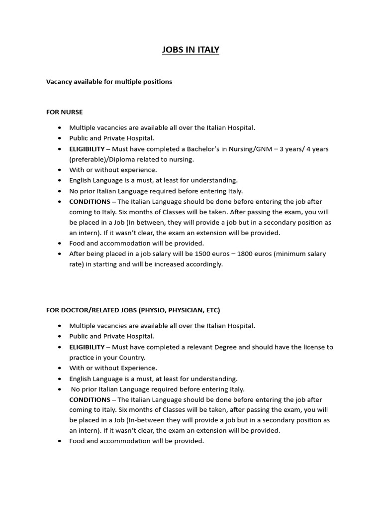 Jobs in Italy: Vacancy Available For Multiple Positions | PDF | Travel ...