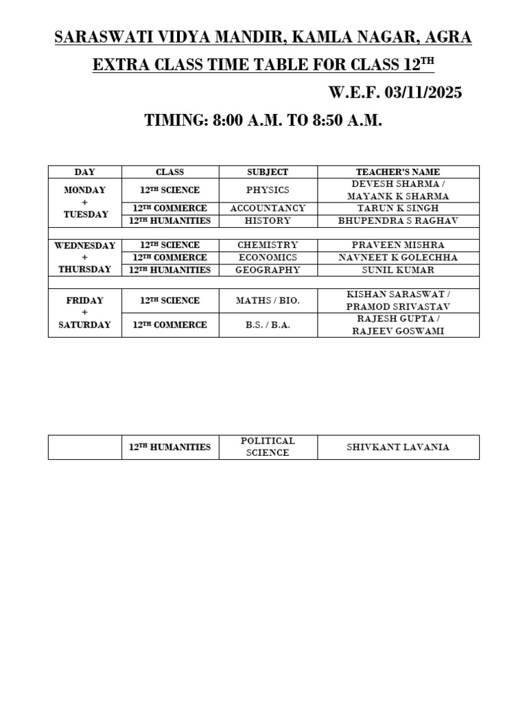 12th Class Extra Class Timetable 2025 | PDF