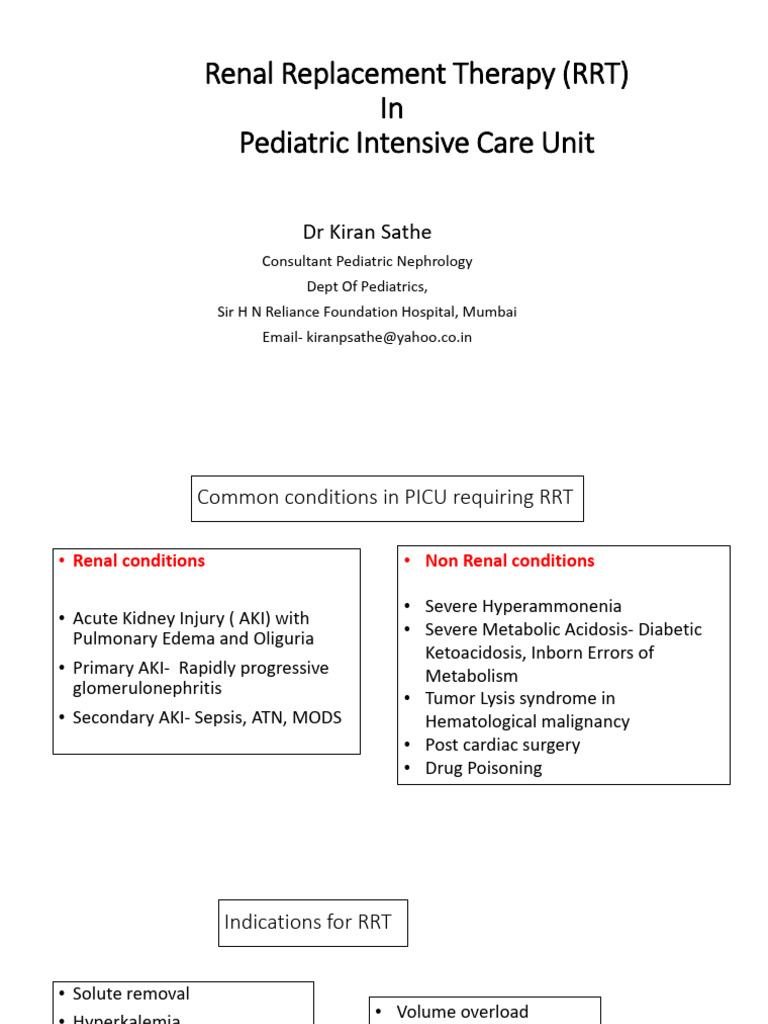 RRT in PICU DR Kiran Sathe Sir HN RFH Hospital | PDF | Hemodialysis ...