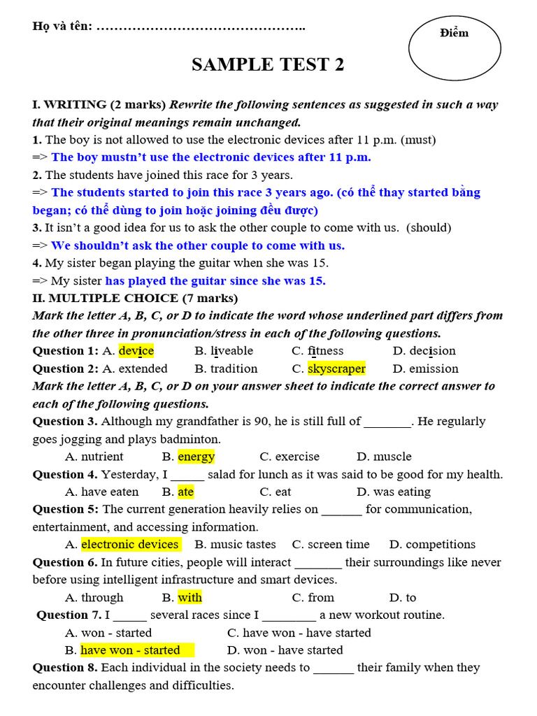 Sample English Test: Writing & Choices | PDF | Physical Fitness