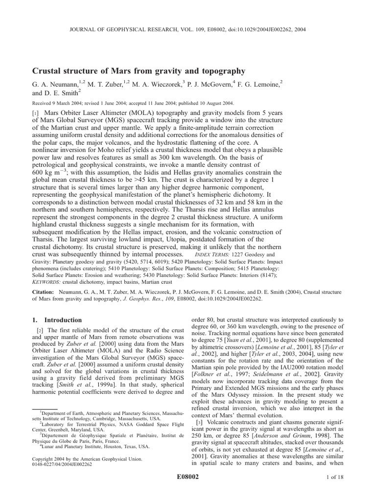 Mars Crustal Structure from Gravity Data | PDF | Mars | Crust (Geology)