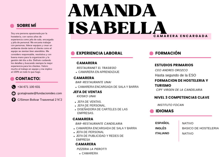 Currículum Horizontal CV Diseñadora Sencillo Simple Rosa y Blanco | PDF