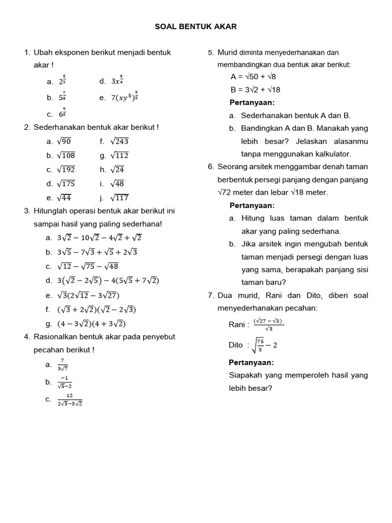 Soal dan Penyelesaian Bentuk Akar Matematis | PDF
