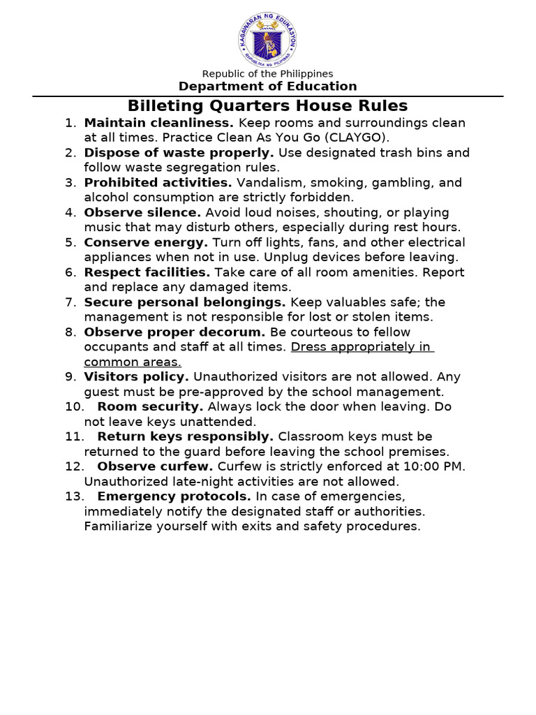 Billeting Quarters House Rules | PDF