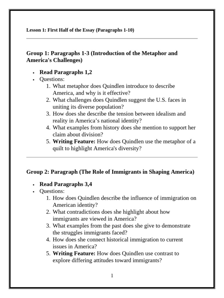 Lesson 1 and 2 Quilt of Acountry Critical Questions | PDF | Metaphor ...