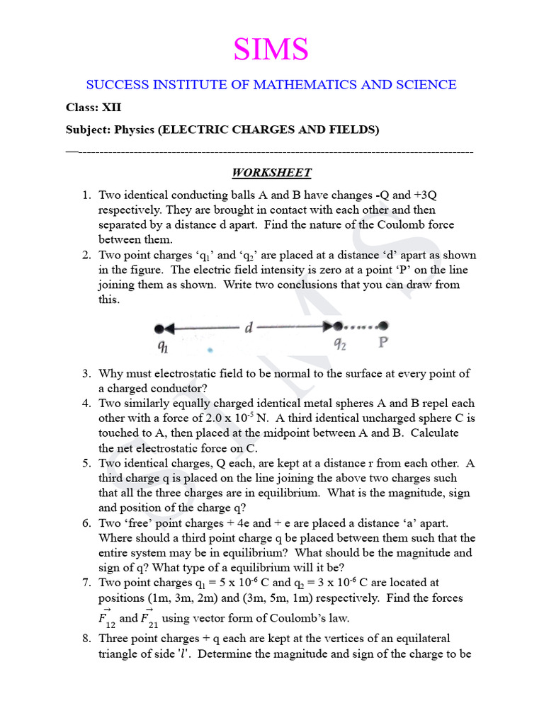 Xii Physics WS | PDF | Electric Field | Force