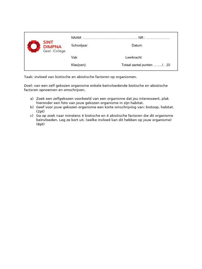 Huistaak Biotische en Abiotische Factoren | PDF