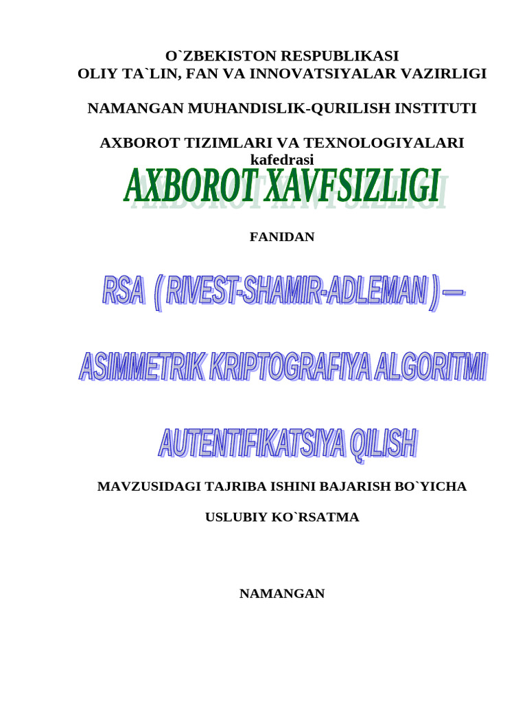 2 Lab Rivest Shamir Adleman Rsa Shifrlash Algoritmi Anvarov 5 | PDF