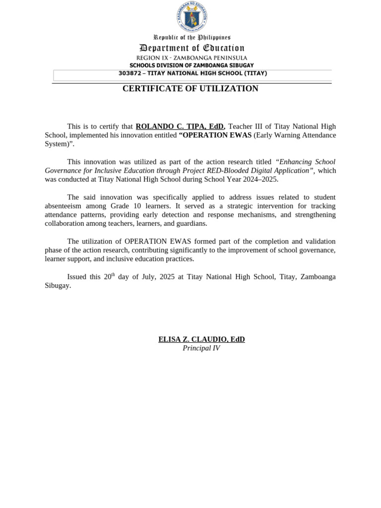 Certificate of Utilization for EWAS System | PDF