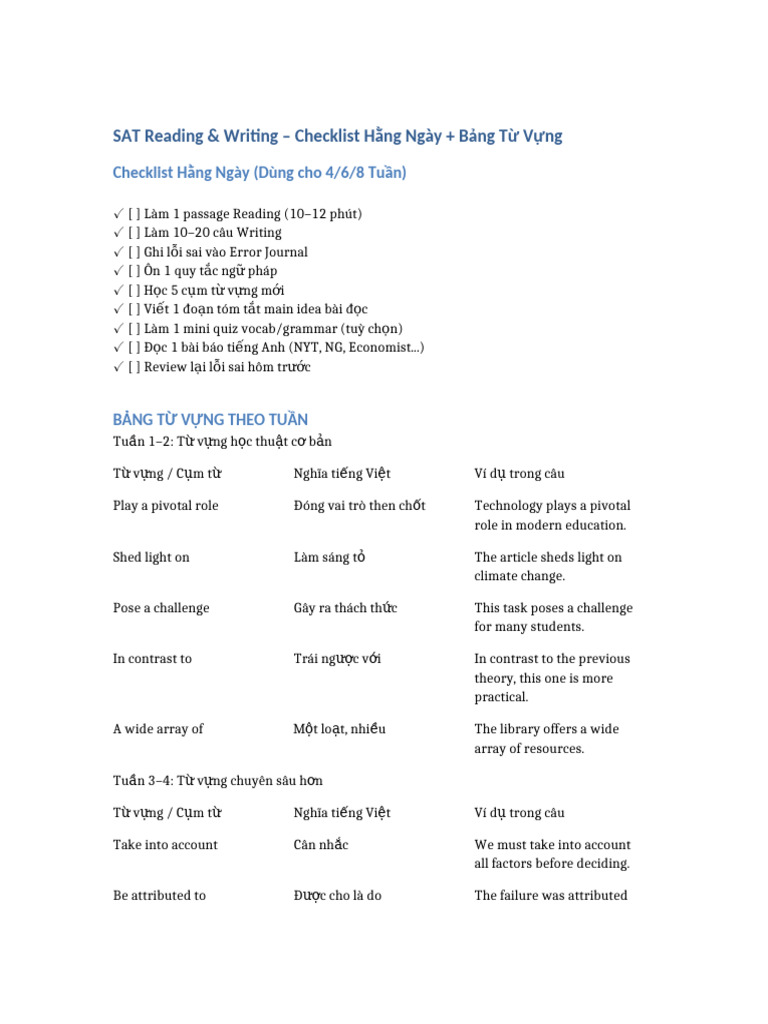 SAT Checklist Va Tu Vung Theo Tuan | PDF