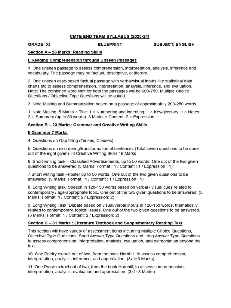 Cmte Blueprint Grade 11 Eng 2023-24 | PDF | Reading Comprehension ...