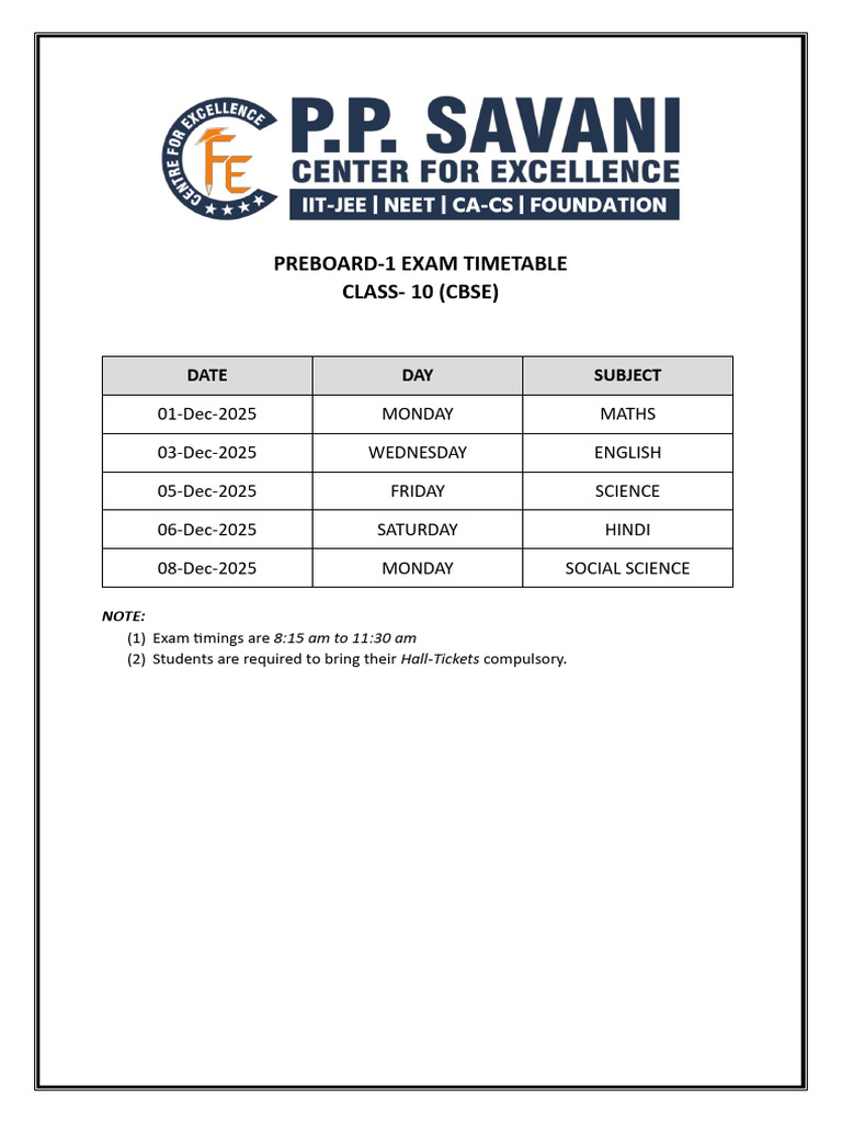 Class-10 Preboard-1 Cbse Timetable Cfe 251118 175313 | PDF