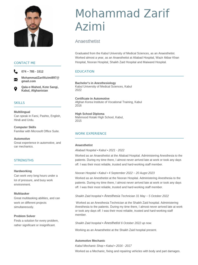Resume - Mohammad Zarif Azimi New | PDF | Kabul | Medicine