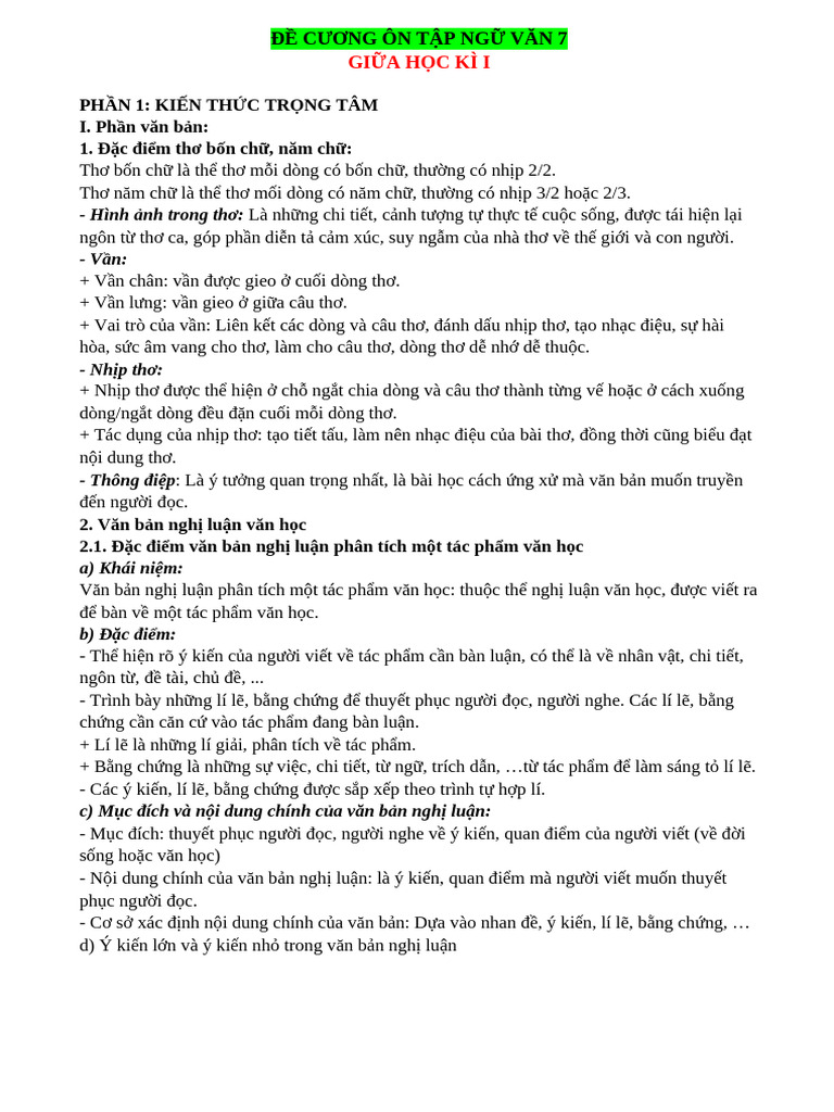 Thuvienhoclieu.com de Cuong on Tap Giua HK1 Ngu Van 7 CTST 24 25 | PDF