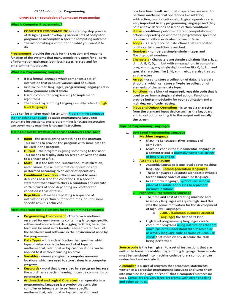 CS 111 1st Sem 1st Half Reviewer (With Long Quiz Ans) | PDF ...