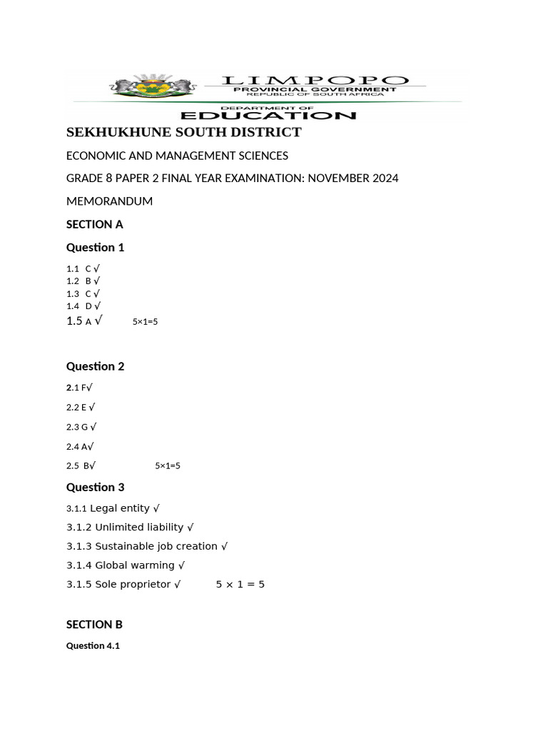 Grade 8 Ems Memorandum Paper 2 Final Year Exam 2024 | PDF | Business ...