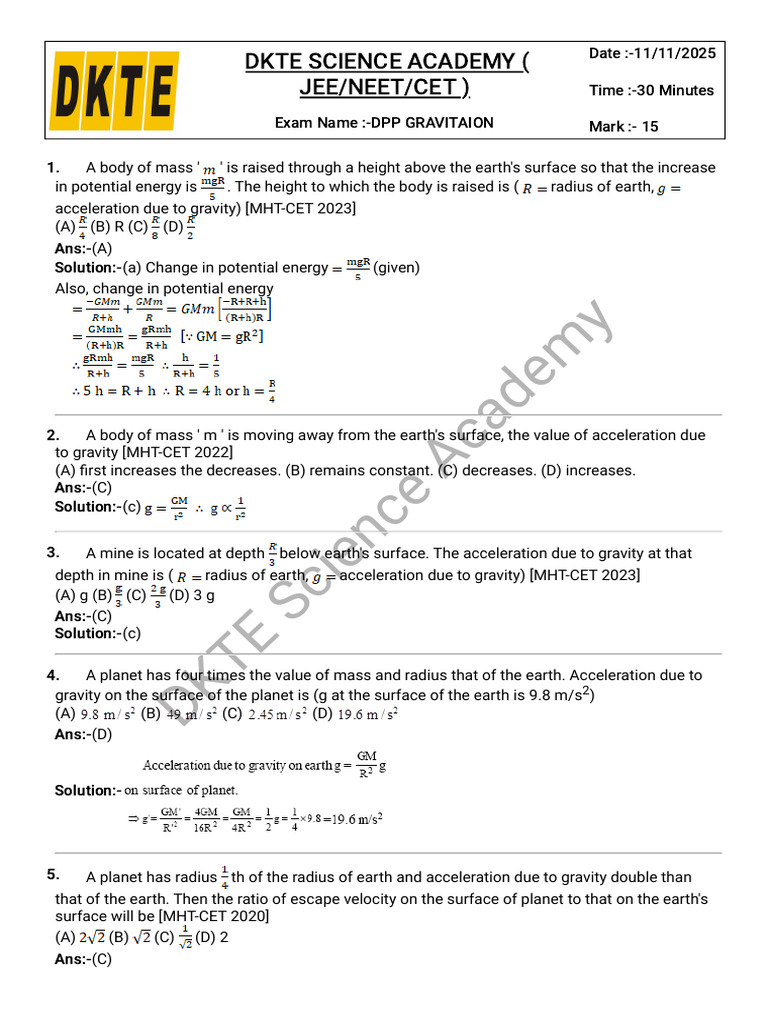 DPP Gravitation Sol | PDF | Acceleration | Gravity