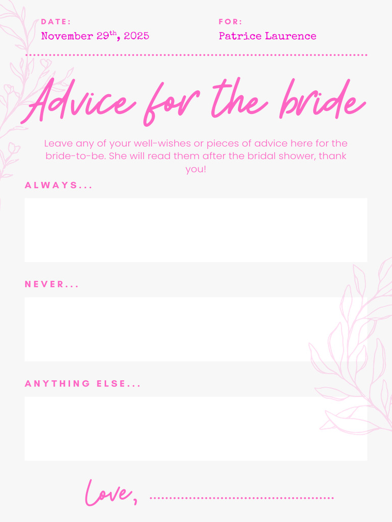 Advice For The Bride Bridal Shower A4 Document | PDF