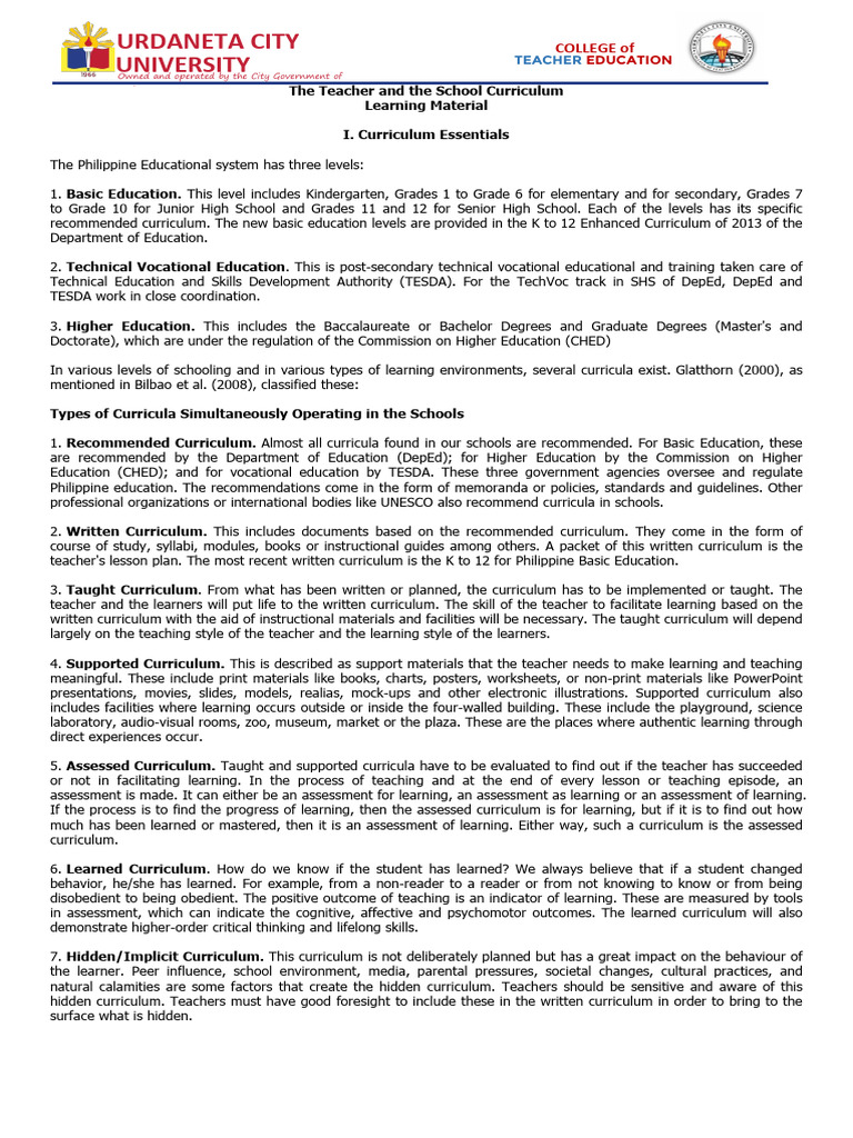 Learning Material The Teacher and The School Curriculum - Edited 1 ...