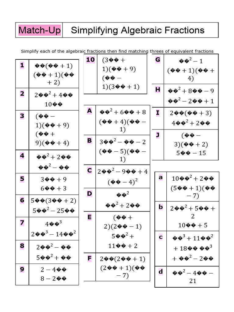 Simplifying Algebraic Fractions Match-Up | PDF